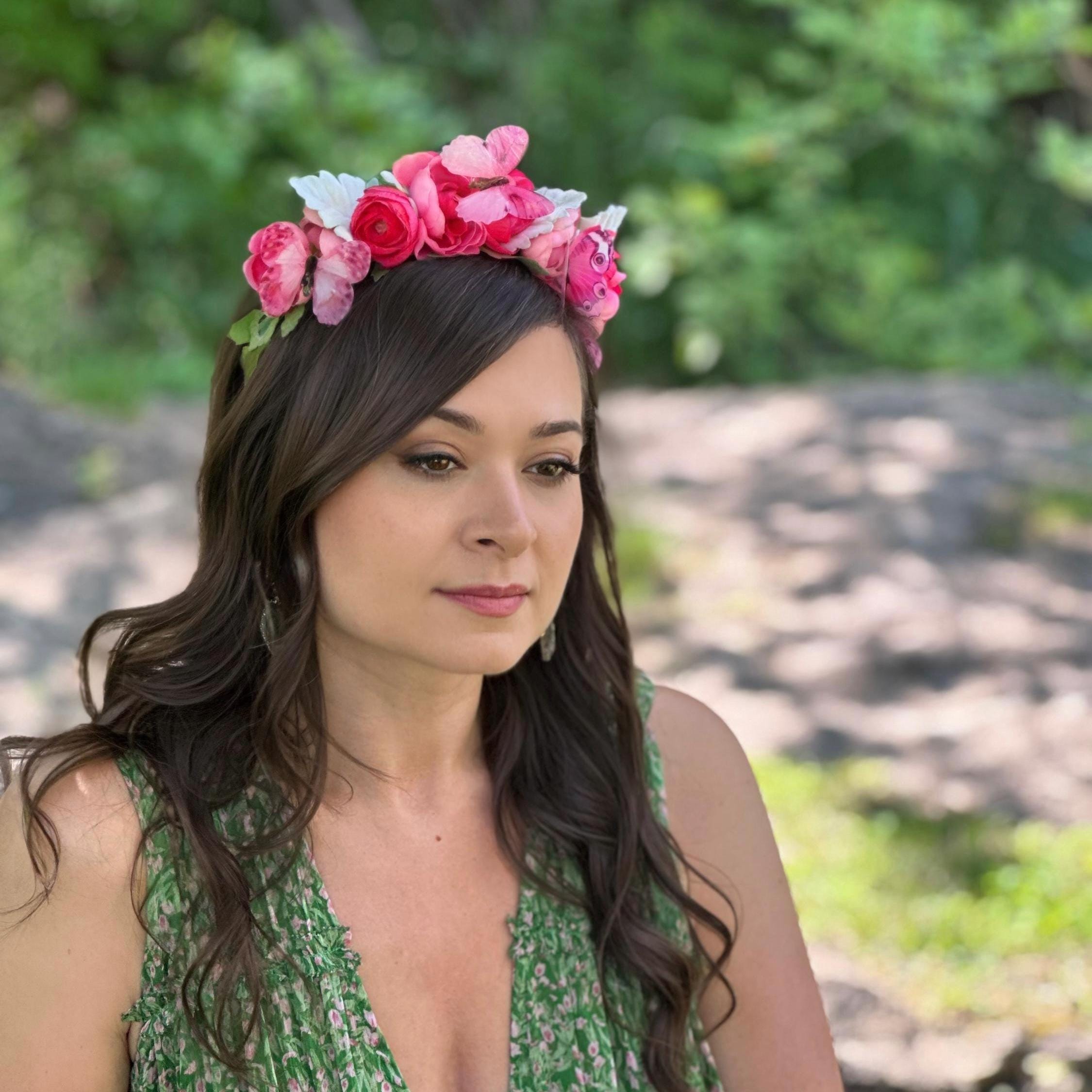 Bright Pink Ranunculus Crown, Butterfly Headpiece, Camelia and ...