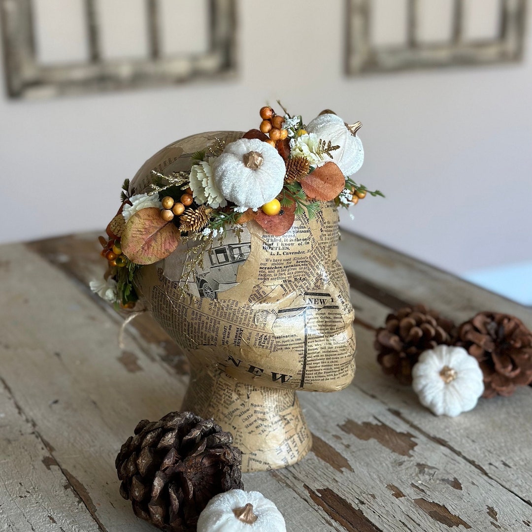 White Velvet Pumkin Crown, Glittering Gold Fall Flower Crown, Autumn ...