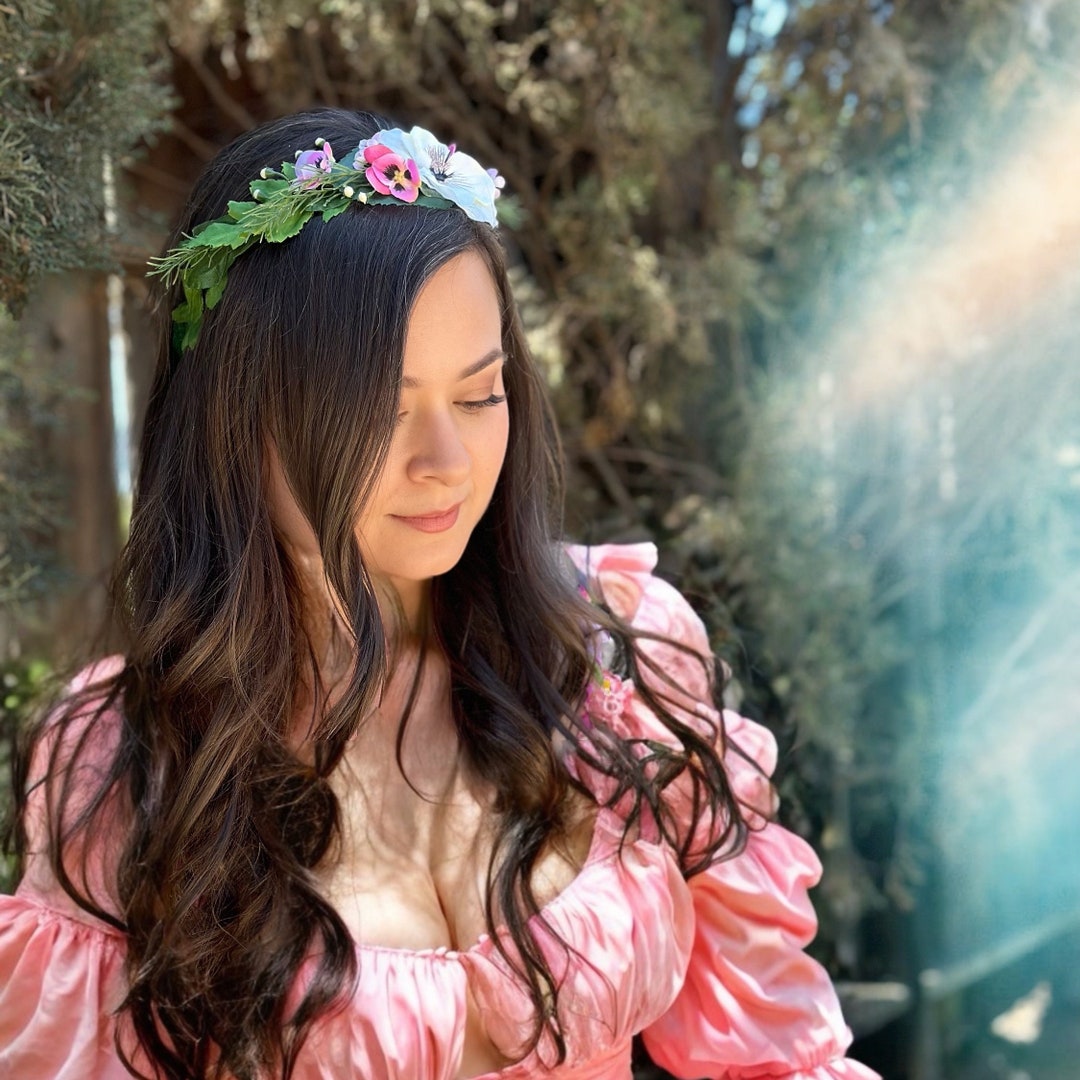 Green Leaf Crown, Fairy Crown, Woodland Pink Pansy Headpiece, Greenery ...