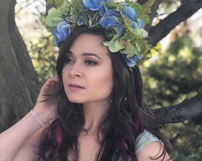 Fairy Crown, Fern Headpiece, Winter Flower Crown, Spring Halo, Blue and ...