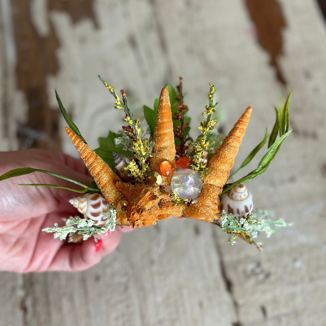 CLEARANCE Glitter Orange Mermaid Tiara, Seashell Crown, Ariel Headpiece ...
