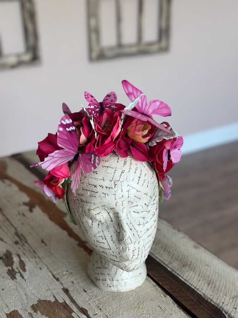 Bright Pink Ranunculus Crown, Butterfly Headpiece, Camelia and ...