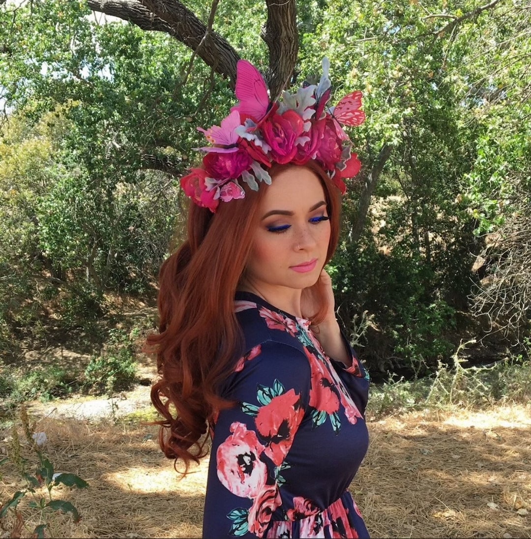 Bright Pink Ranunculus Crown, Butterfly Headpiece, Camelia and ...
