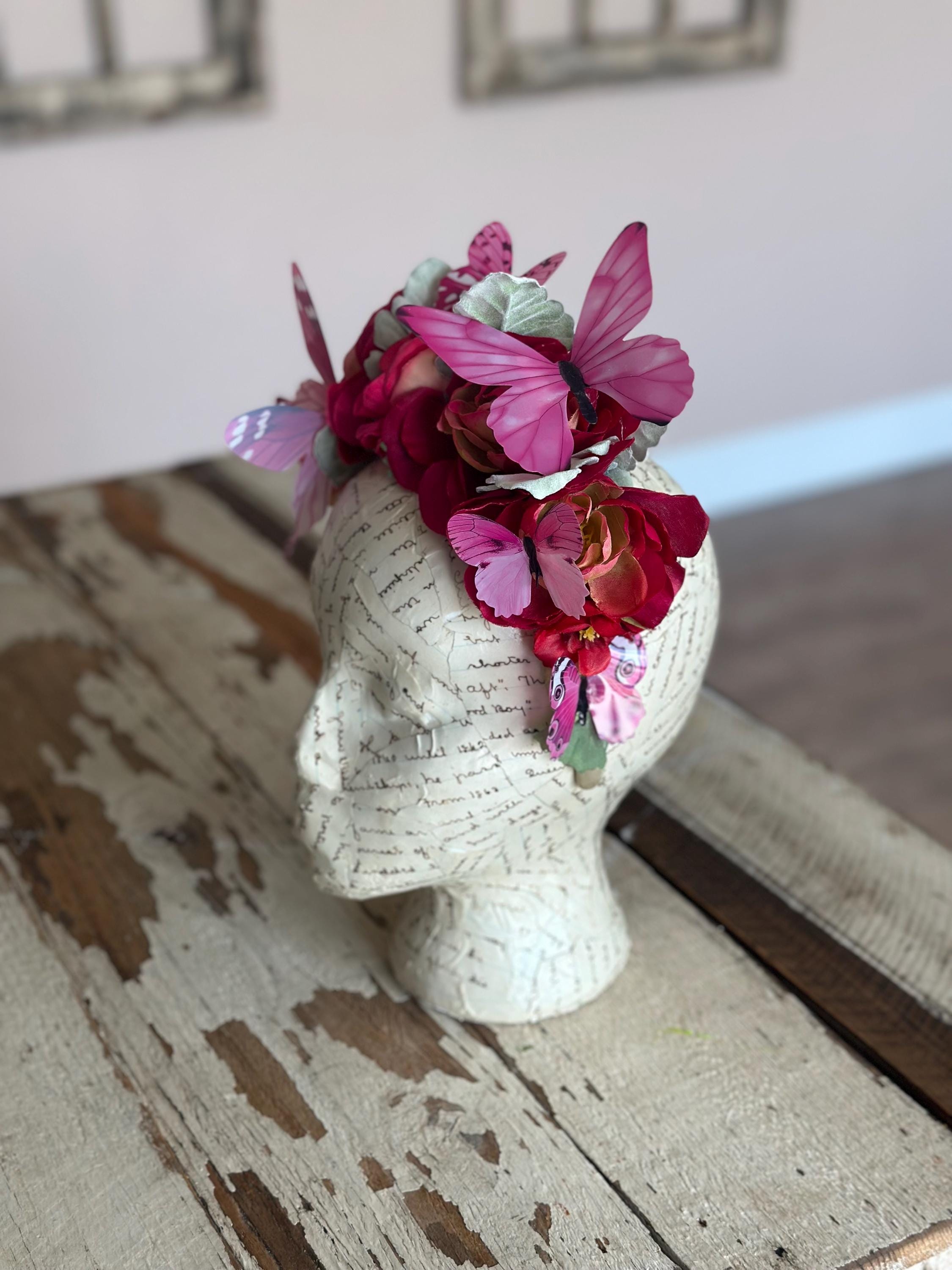 Bright Pink Ranunculus Crown, Butterfly Headpiece, Camelia and ...