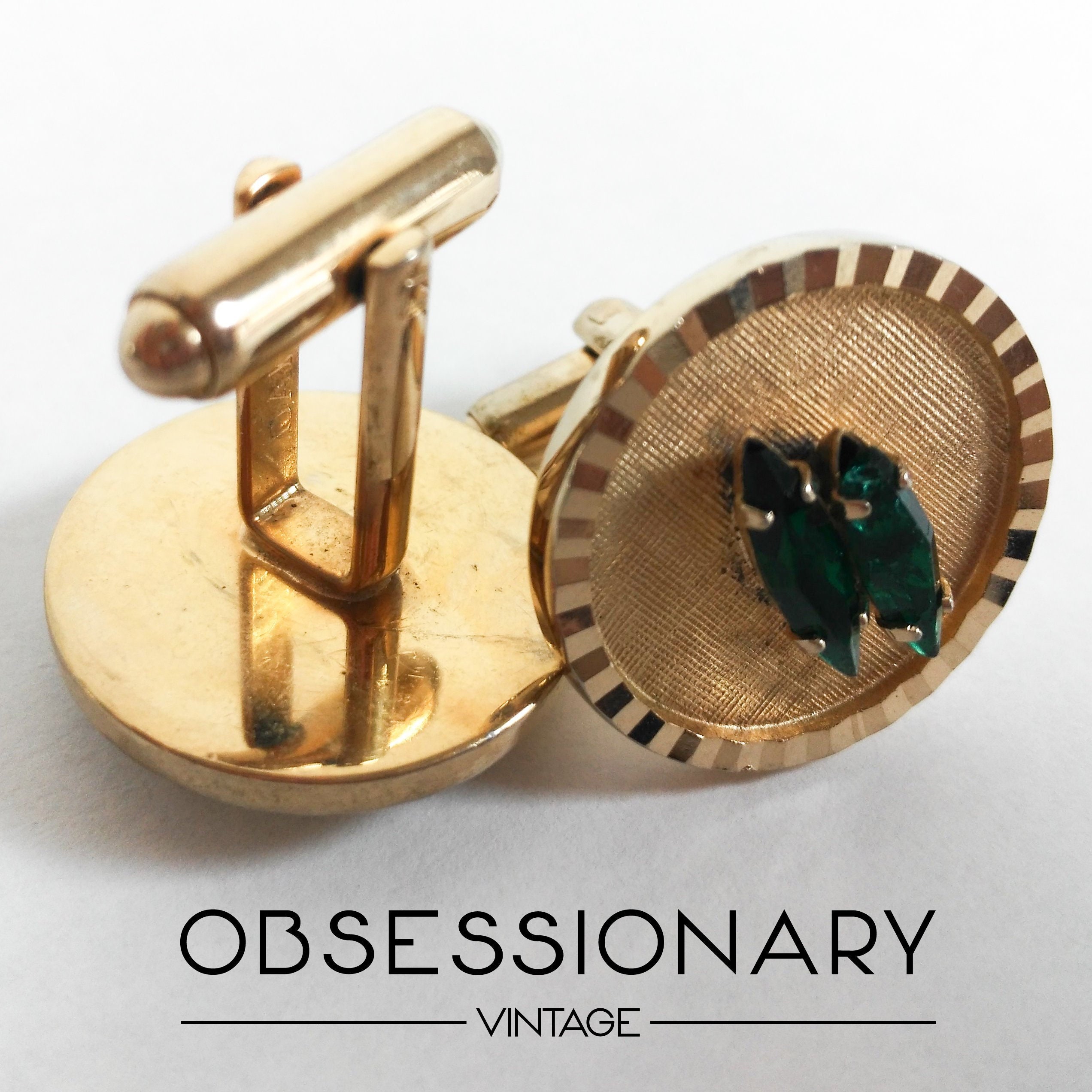 Cufflinks, Vintage, Dante, Bullet Back, Round, Golden, Gold Tone, Green ...