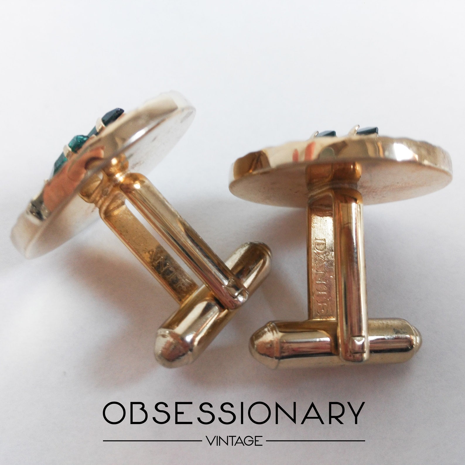Cufflinks, Vintage, Dante, Bullet Back, Round, Golden, Gold Tone, Green ...