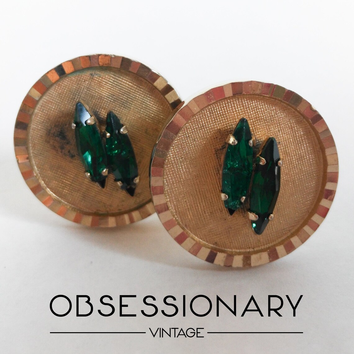 Cufflinks, Vintage, Dante, Bullet Back, Round, Golden, Gold Tone, Green ...