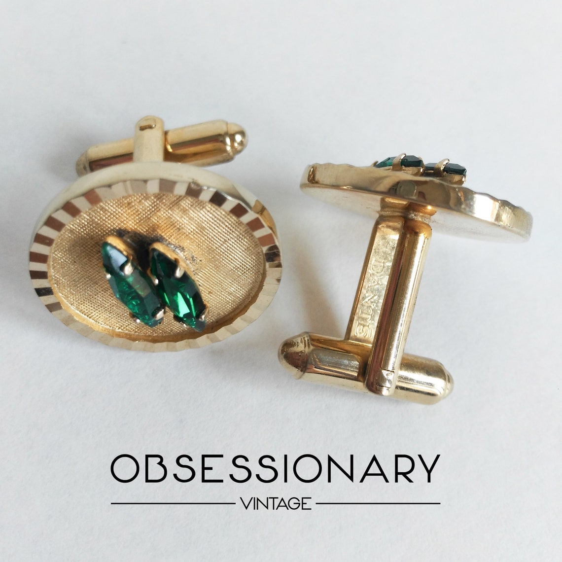 Cufflinks, Vintage, Dante, Bullet Back, Round, Golden, Gold Tone, Green ...