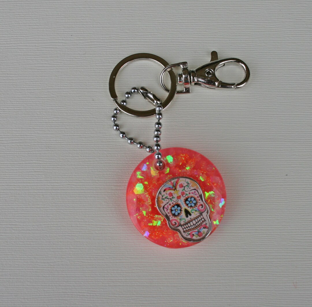 Sugar Skull Keychain, Pink Skull Key Chain, Resin and Glitter, OOAK ...