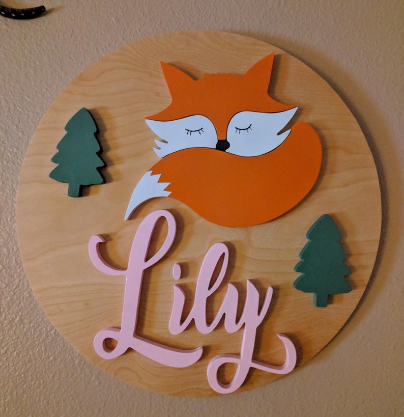 Wooden Round Personalized Baby Name Sign Fox Designs Name Sign - Etsy