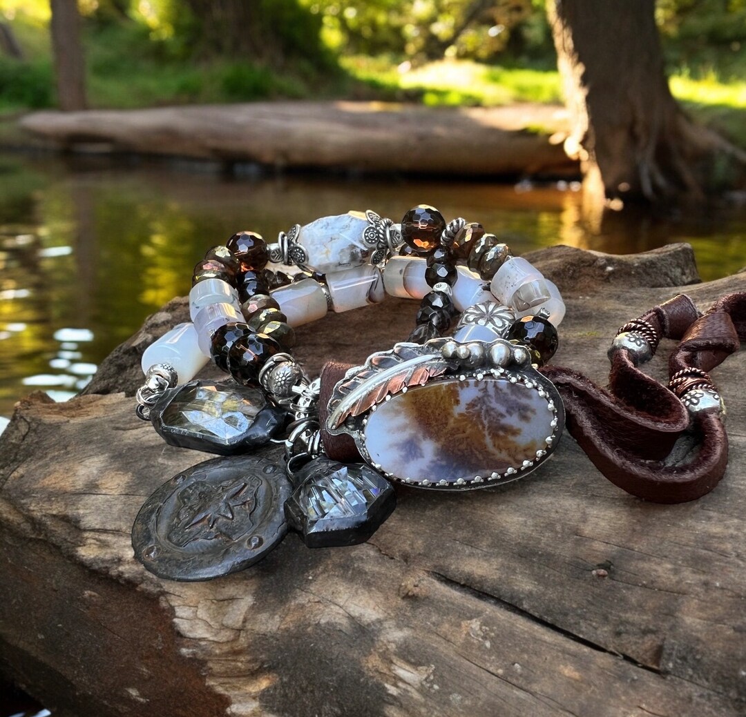 Boho Rustic Luxe Dendritic Button Closure Bracelet. Neutral Boho Bracelet With Button Clasp and ...