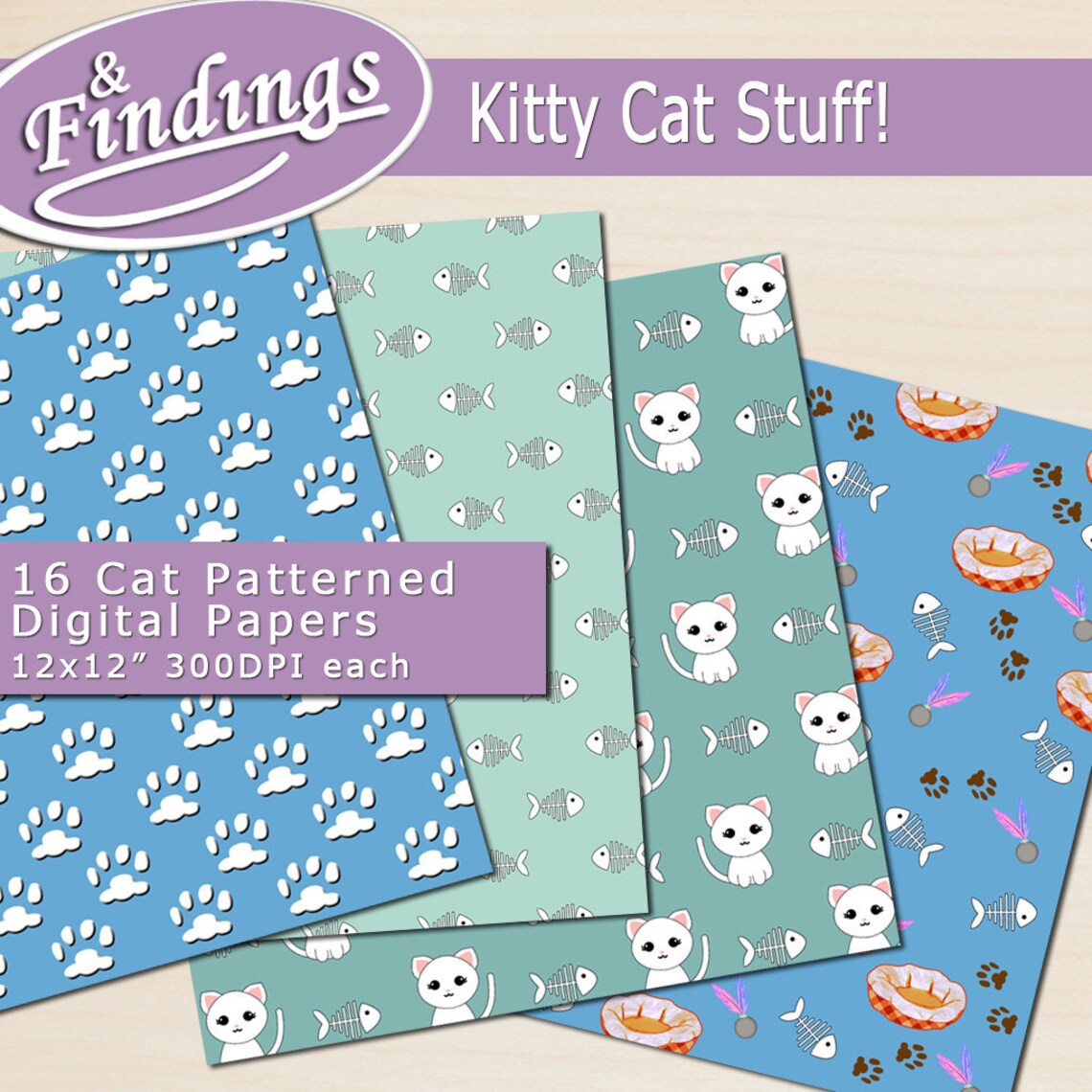 Instant Download Cat Patterned Digital Paper Ready to Print, Blue Pink ...