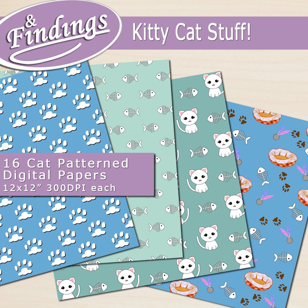 Instant Download Cat Patterned Digital Paper Ready to Print, Blue Pink ...