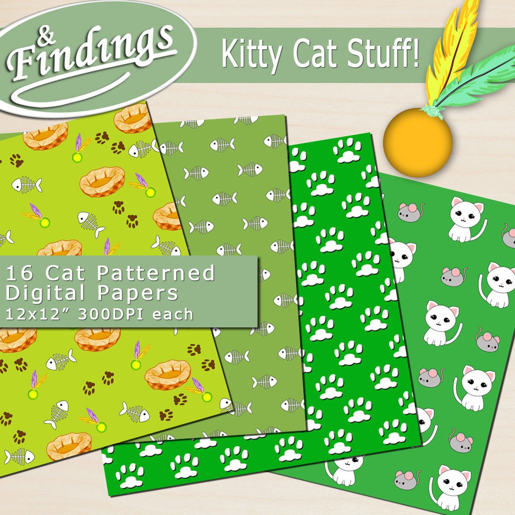Instant Download Cat Patterned Digital Paper Ready to Print, Green Gray ...