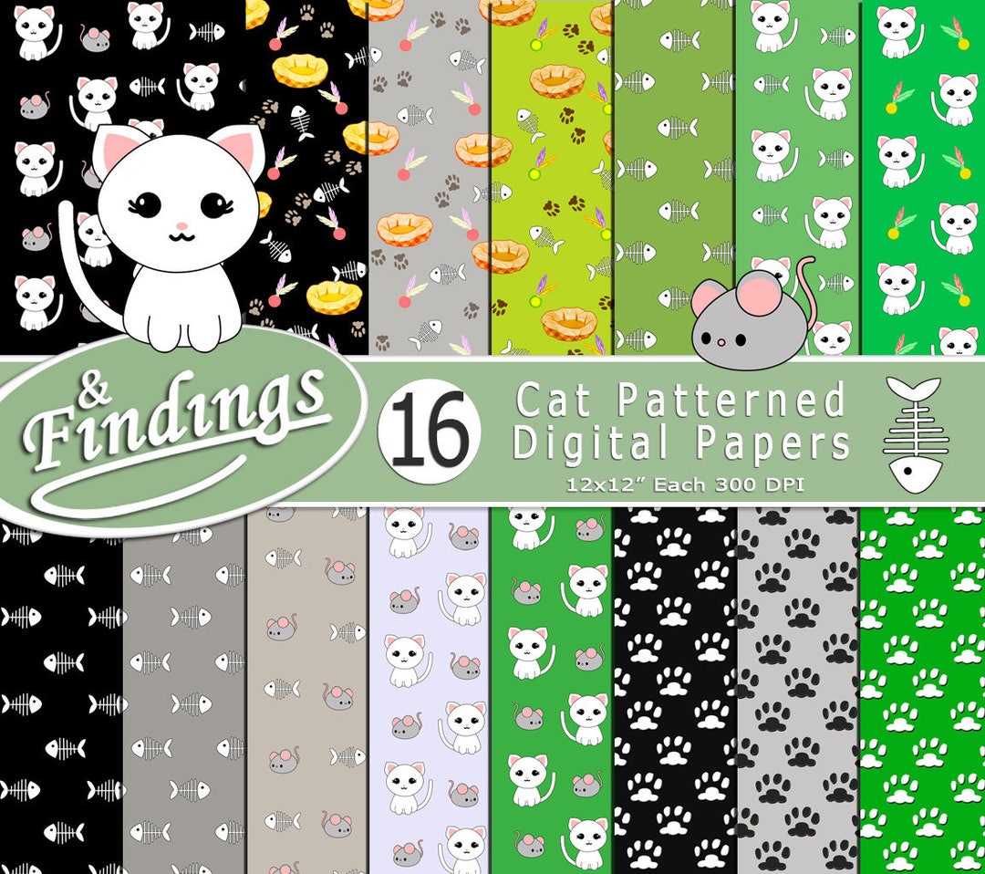 Instant Download Cat Patterned Digital Paper Ready to Print, Green Gray ...