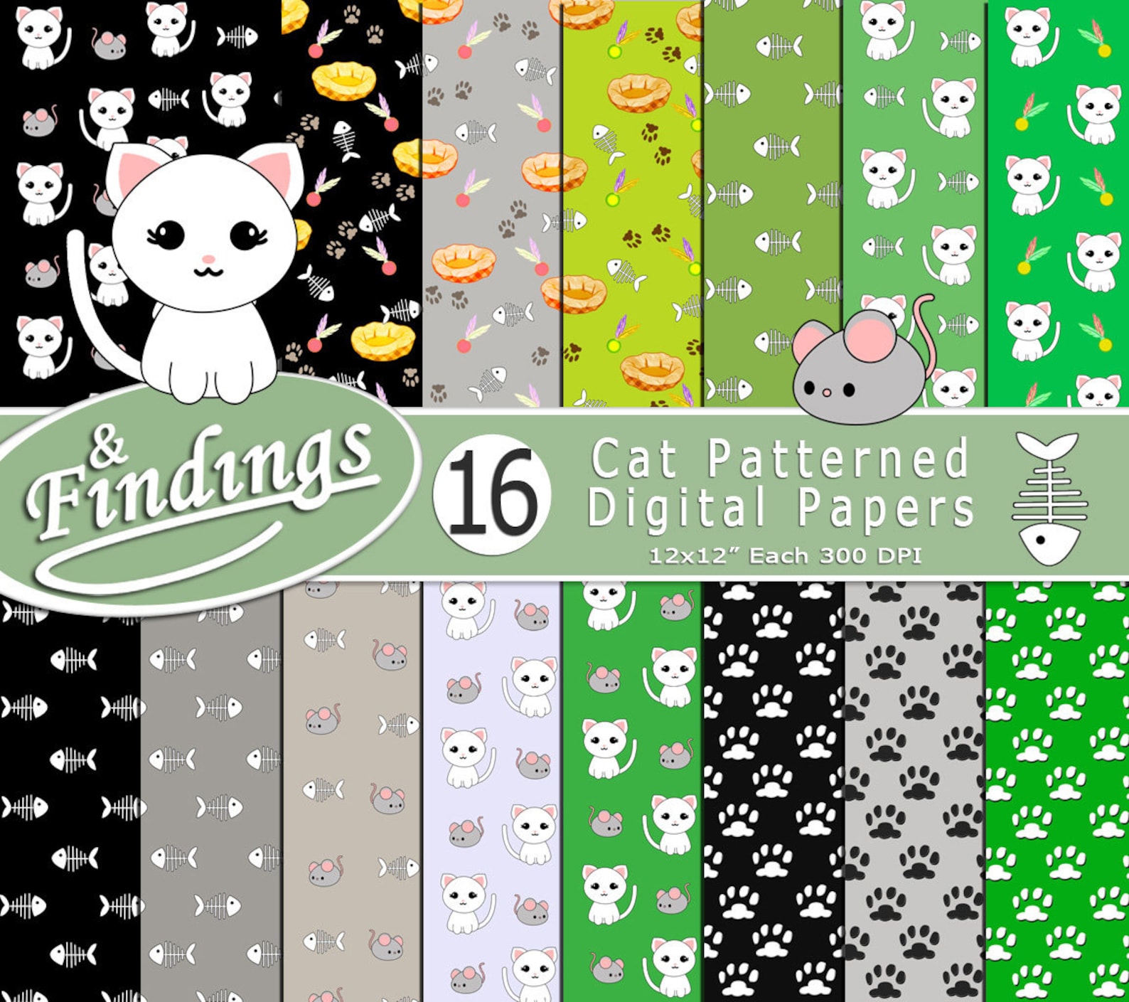 Instant Download Cat Patterned Digital Paper Ready to Print, Green Gray ...
