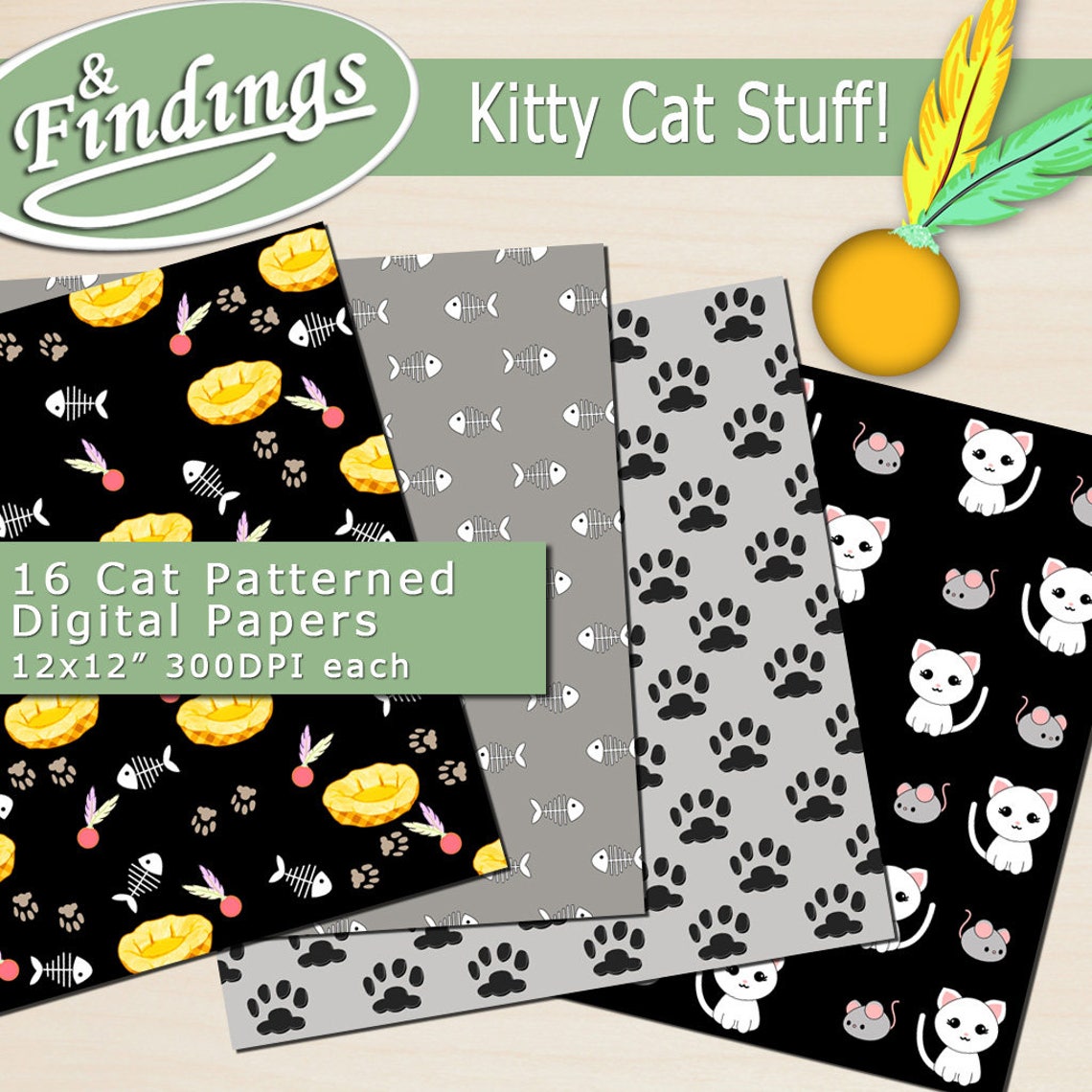 Instant Download Cat Patterned Digital Paper Ready to Print, Green Gray ...
