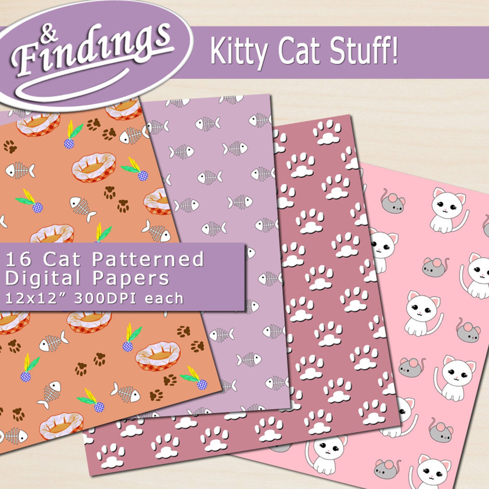 Instant Download Cat Patterned Digital Paper Ready to Print, Blue Pink ...