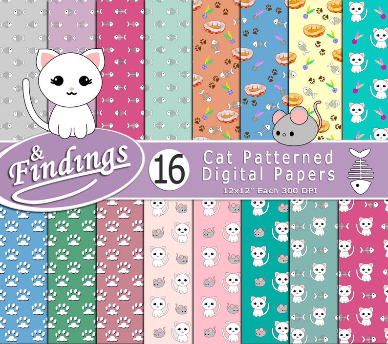 Instant Download Cat Patterned Digital Paper Ready to Print, Blue Pink ...