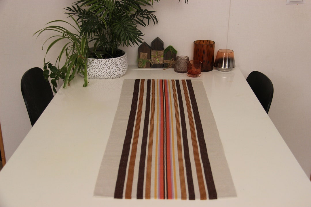 Vintage Striped Table Runner , Beige Brown Tablecloth , Swedish Kitchen ...