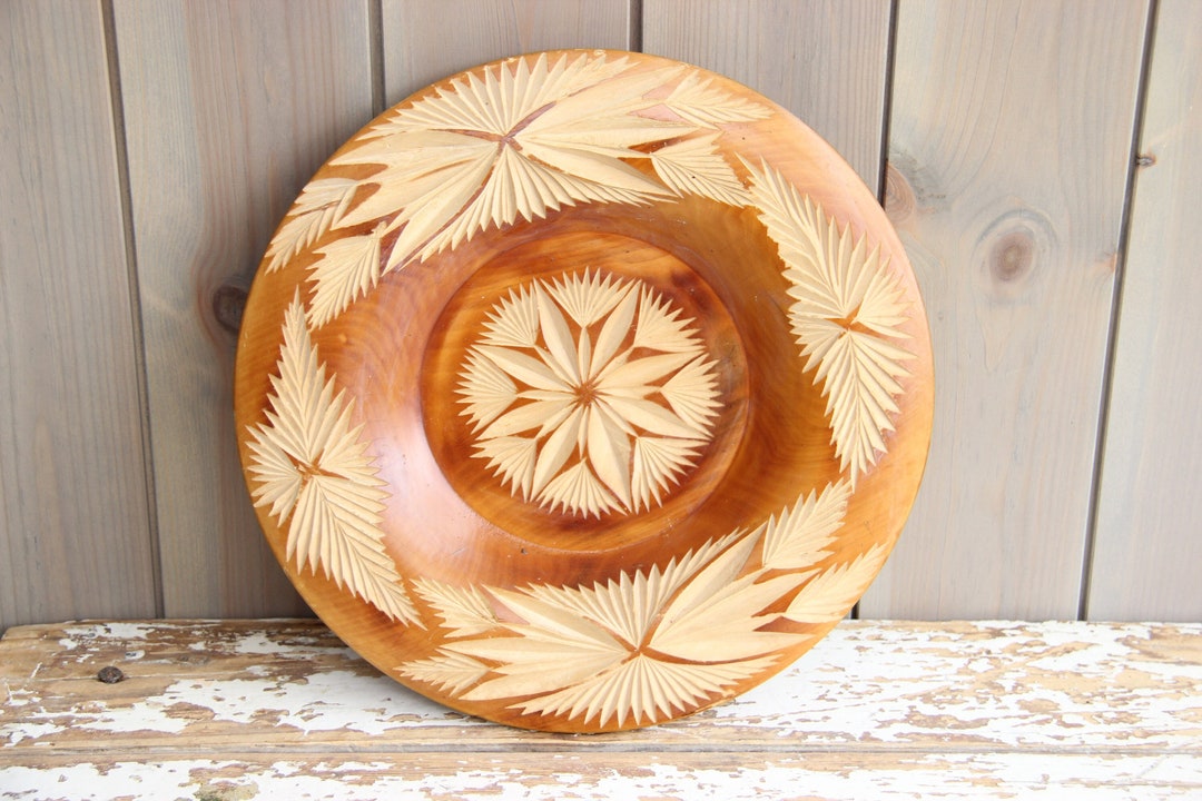 Vintage Wooden Wall Plate , Hand Carved Wall Plate , Decorative Natural ...