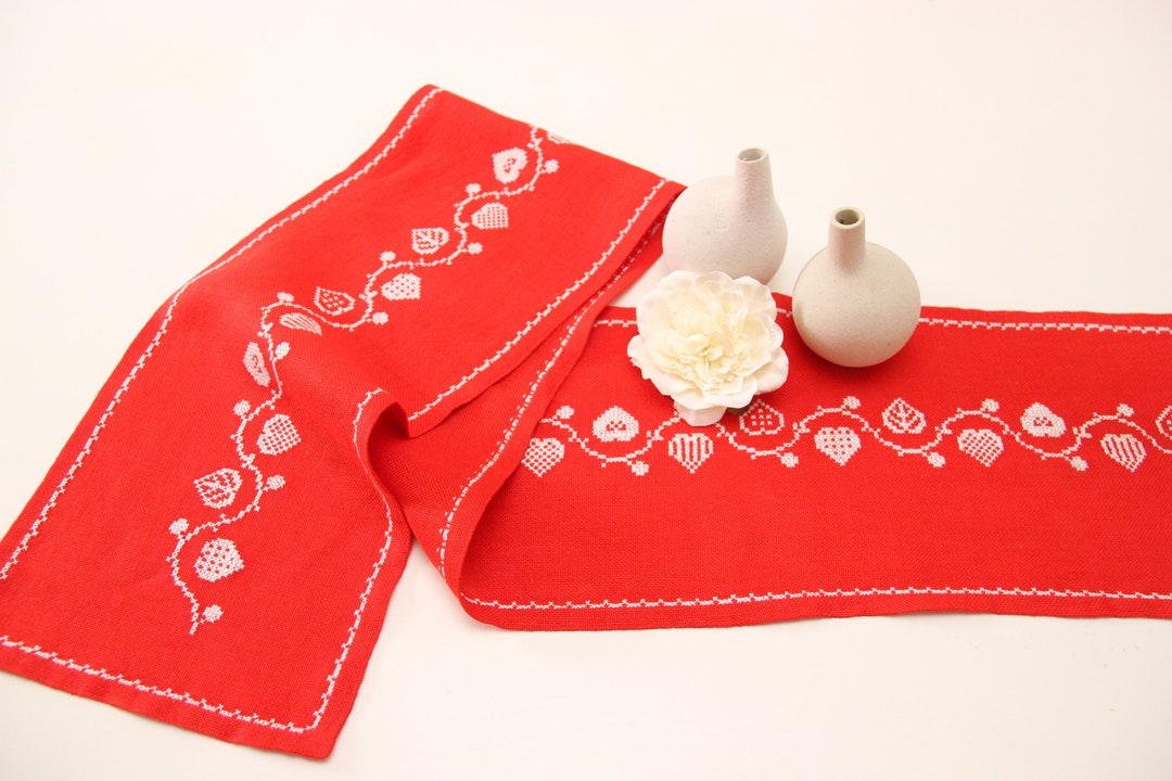 Vintage Red Narrow Table Runner With Seamless Hearts Hand Embroidery ...