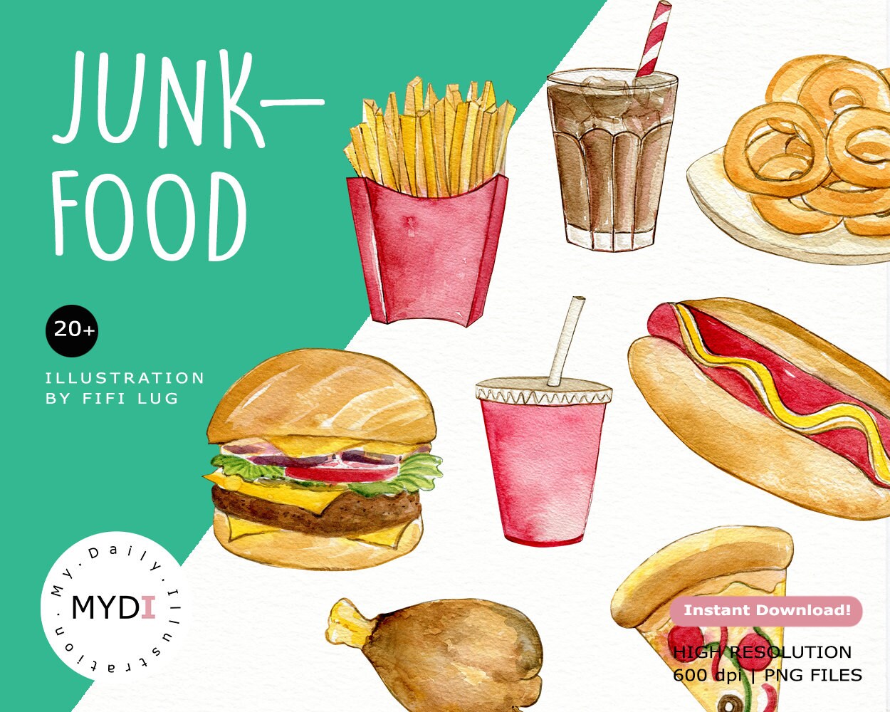 Watercolor Junkfood Clipart Set in PNG Included Burger French - Etsy