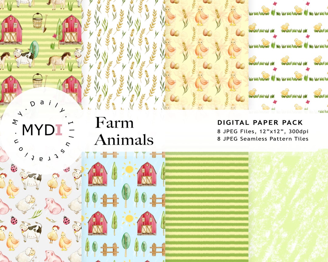 Farm Animals Digital Paper Pack | Seamless Pattern - Barn, Cow, Horse ...