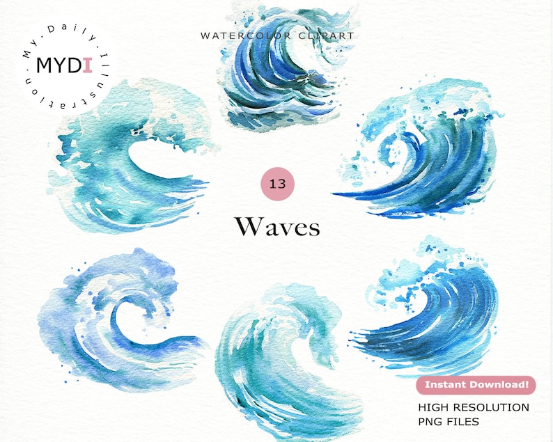 Watercolor Ocean Waves Clipart Set for Summer Project, Beach Invitation ...