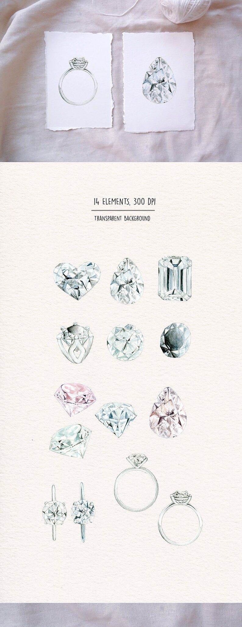 Diamond Ring Clipart in Png for Watercolor Wedding, Engagement Ring ...