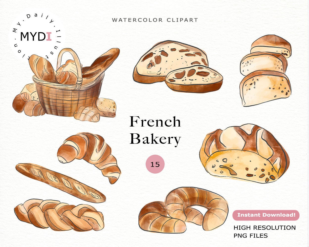 Watercolor French Bread Clipart that include croissant | Etsy