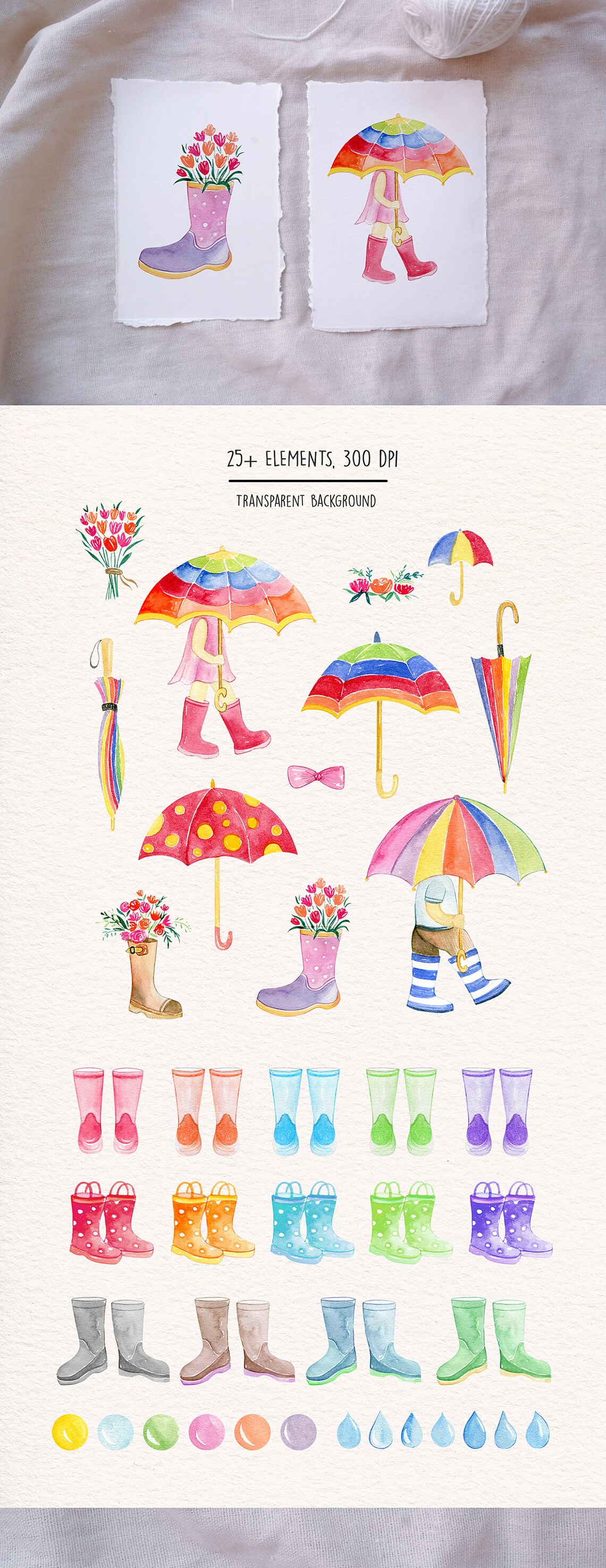 Watercolor Rain Boots Clipart Umbrella Boots Jacket Clip | Etsy