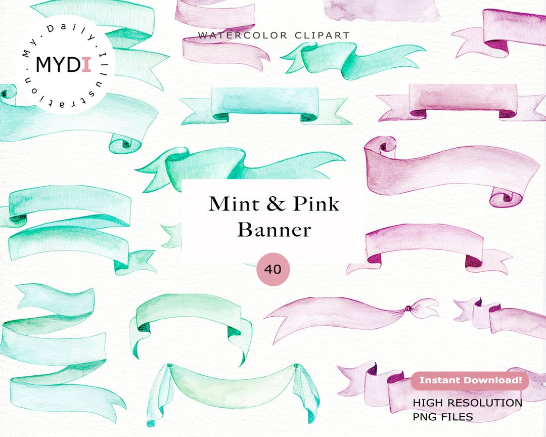 Watercolor Mint & Pink Banner Clipart | Party Decorations - Cake Topper ...