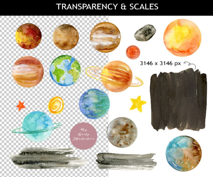 Solar System Watercolor Clipart Space Stickers Galaxy | Etsy