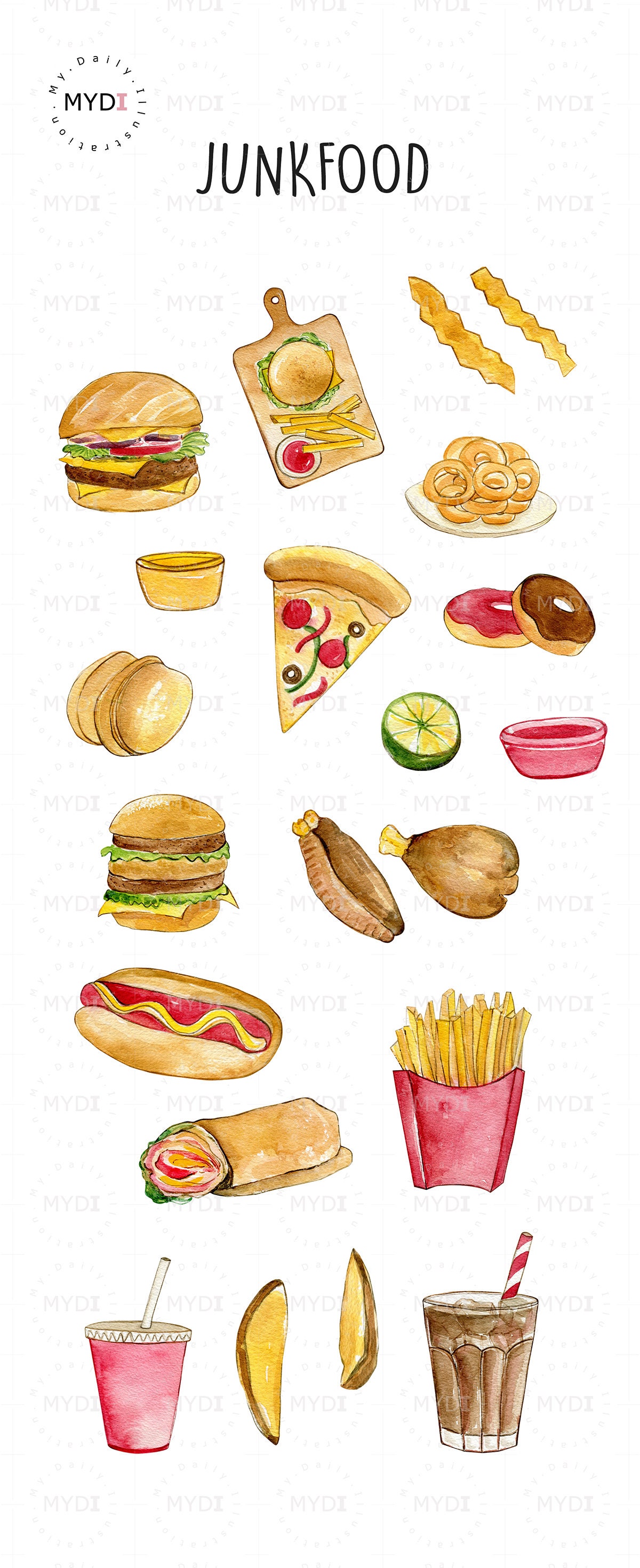 Watercolor Junkfood Clipart Set in PNG Included Burger French - Etsy