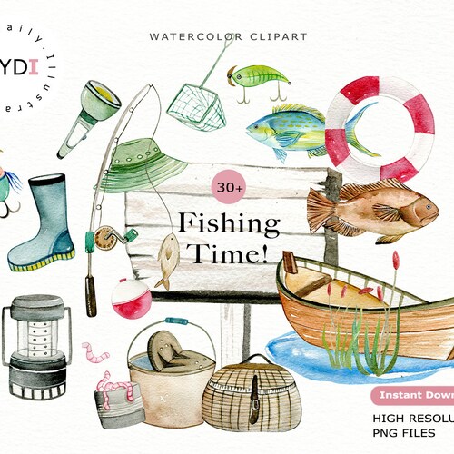Watercolor Fishing Clipart Set for Summer Time and - Etsy