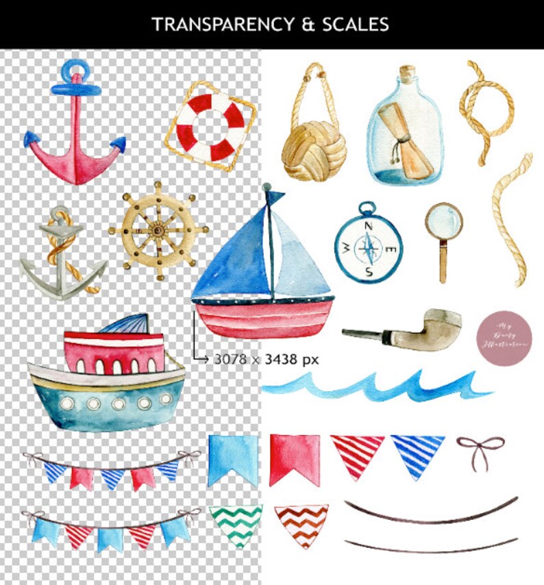 Watercolor Nautical Clipart in Png Included Sailboat Clipart and ...