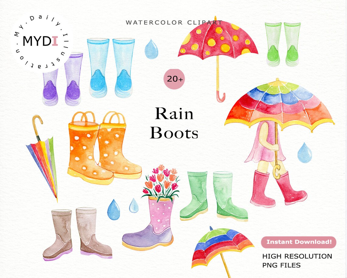 Watercolor Rain Boots Clipart Umbrella Boots Jacket Clip - Etsy