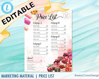 Sweet Treats Price List Template - Etsy