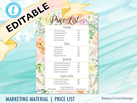 Price List Design Editable Pricing Sheet Custom Menu | Etsy