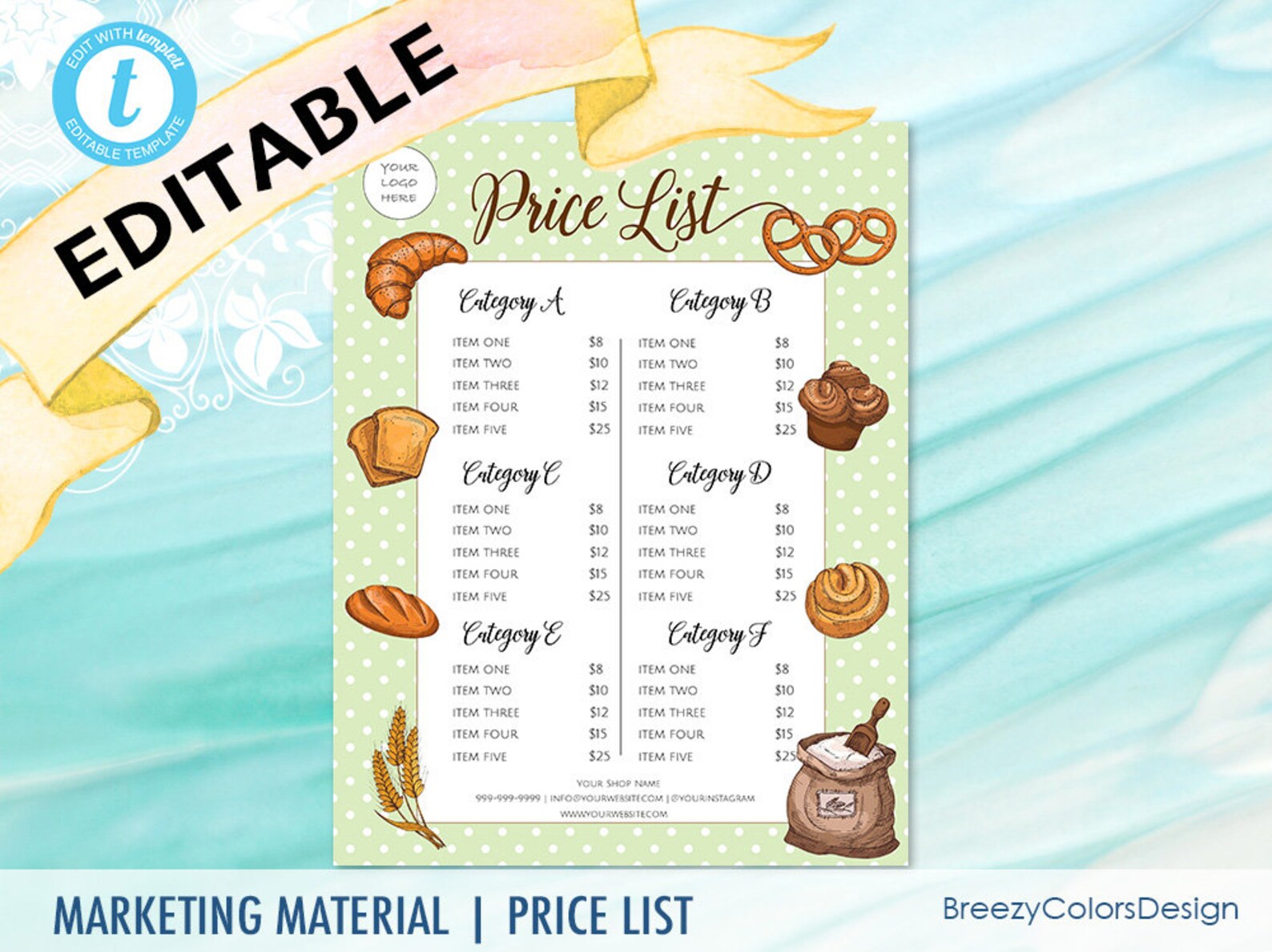 Menu Template Bakery Editable Pricing Sheet For Food Instant | Etsy