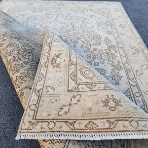 3x5 Neutral Area Rug, Beige Brown Rug, Oushak Rug, Vintage Rug, Turkish ...