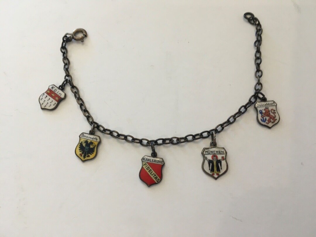 Delicate Vintage Enamel & Silver Bracelet German Shields Charms in ...