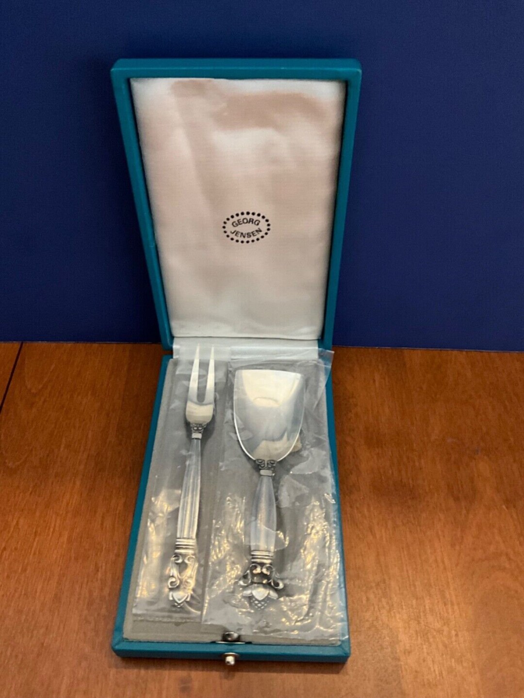 Georg Jensen Sterling Silveracorn Teaspoon & Lemon Fork Set in Orig ...