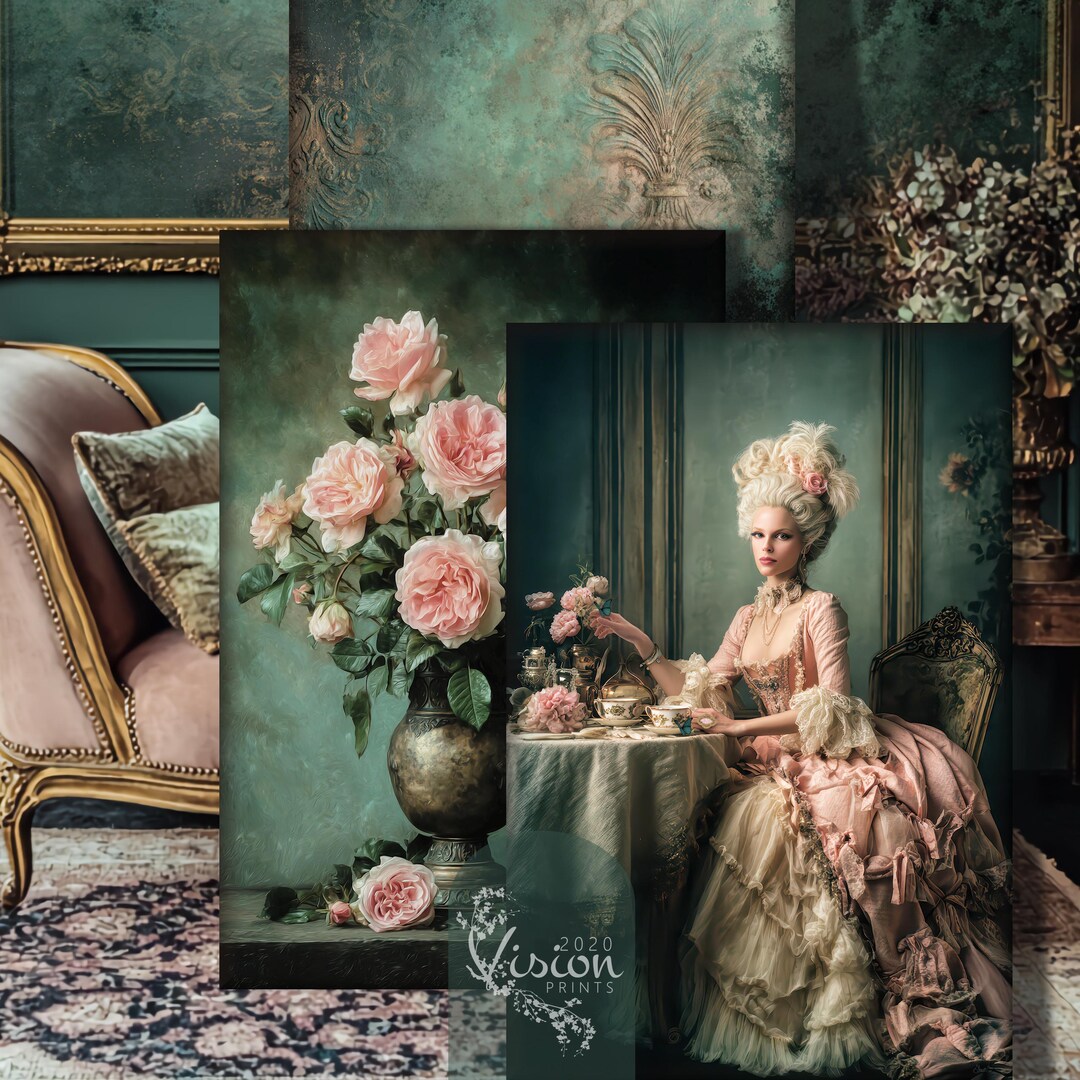 Tea Time Mary Antoinette Portrait Blush Pink Peony Roses Emerald Patina ...
