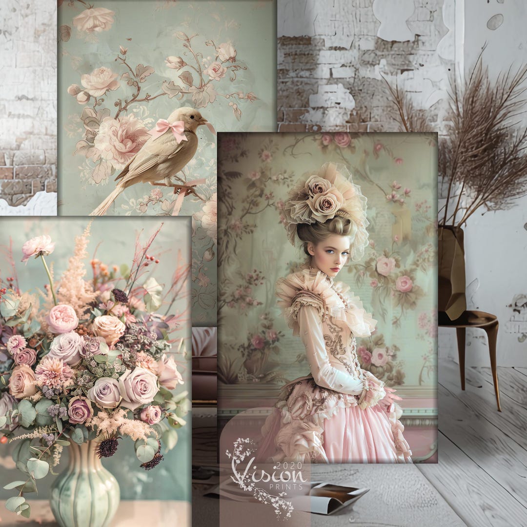 Rococo Portrait Art Print Set: Vintage Rose, Bird, Antoinette Decor ...