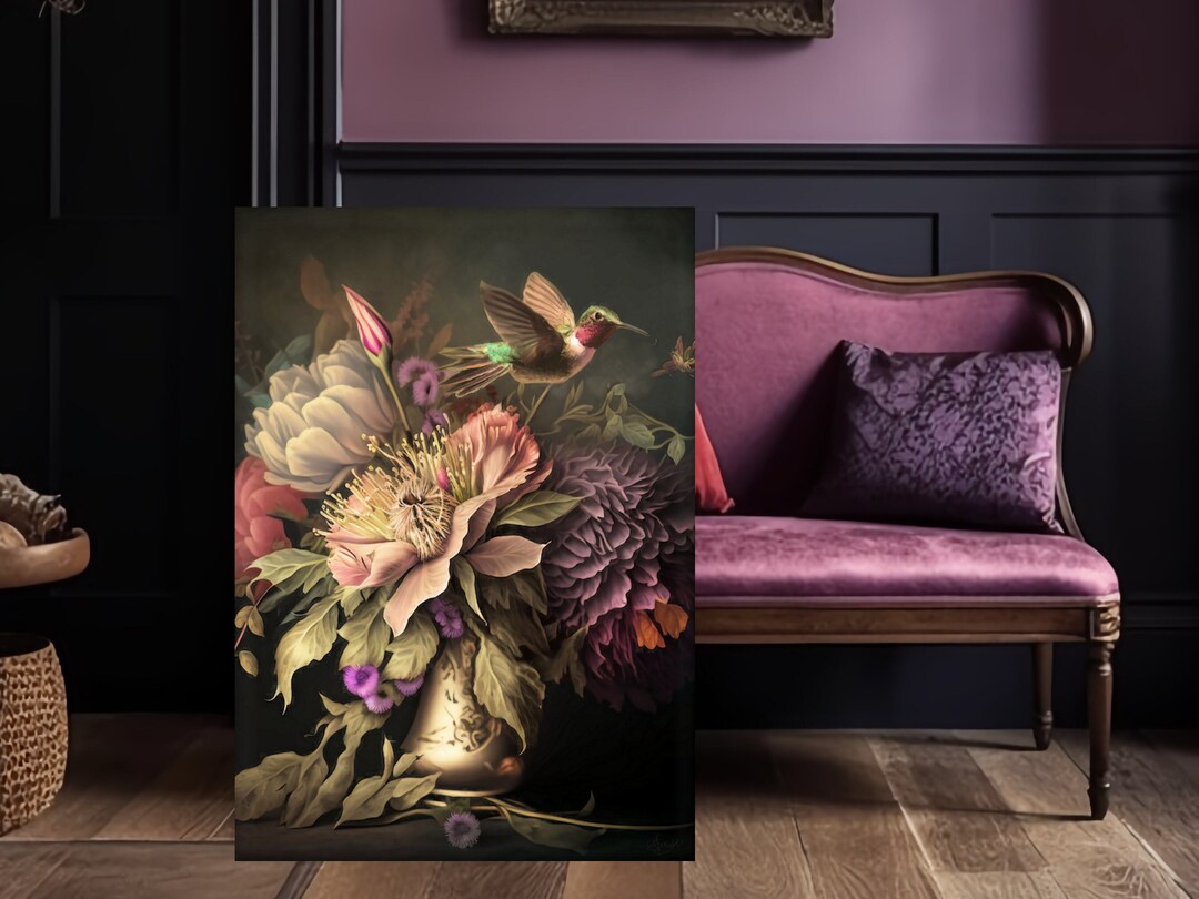 Hummingbird Bouquet Still Life Print: Moody Floral Art (digital ...