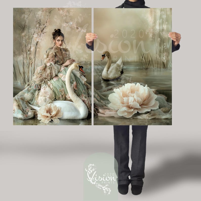 Lady and Swan Portrait Art Print: Elegant Bouffant Diptych (digital ...