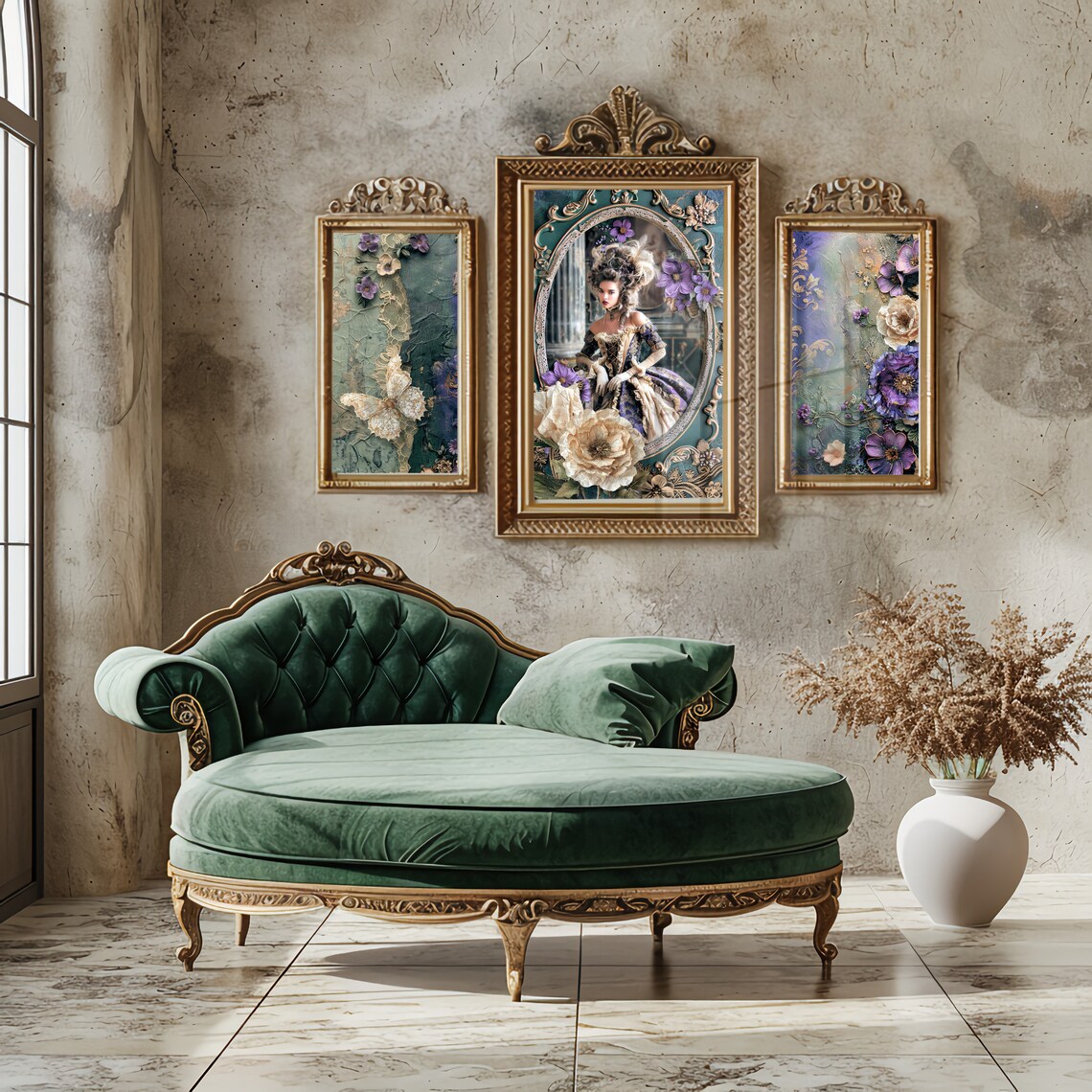 Marie Antoinette Portrait Triptych: Baroque Floral Wall Art (digital ...