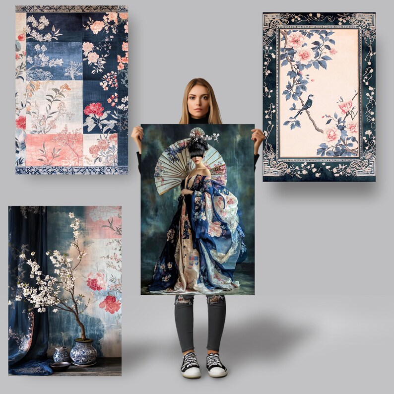 Geisha Bird Chinoiserie Wall Art: Japanese Floral Decoupage (digital ...